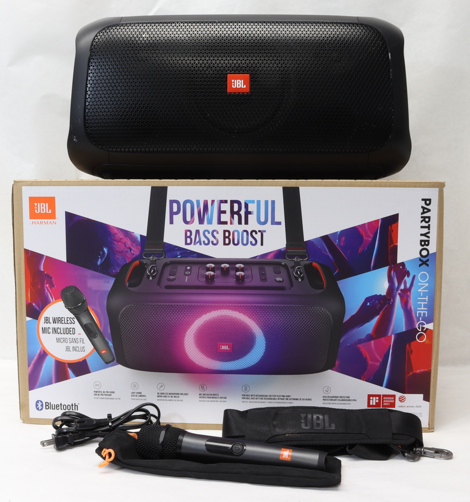 jbl partybox on the go with mic, power cord, strap, original box ...